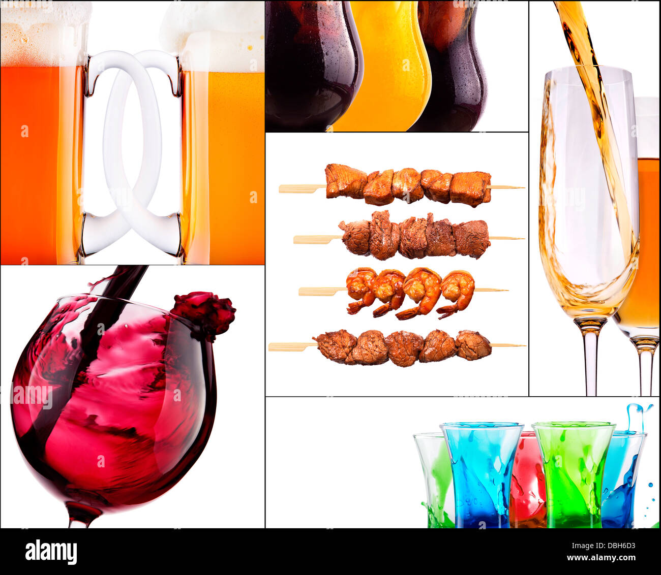 different meat dishes and alcohol drinks - beer,cocktail,cola,bbq,porky ...