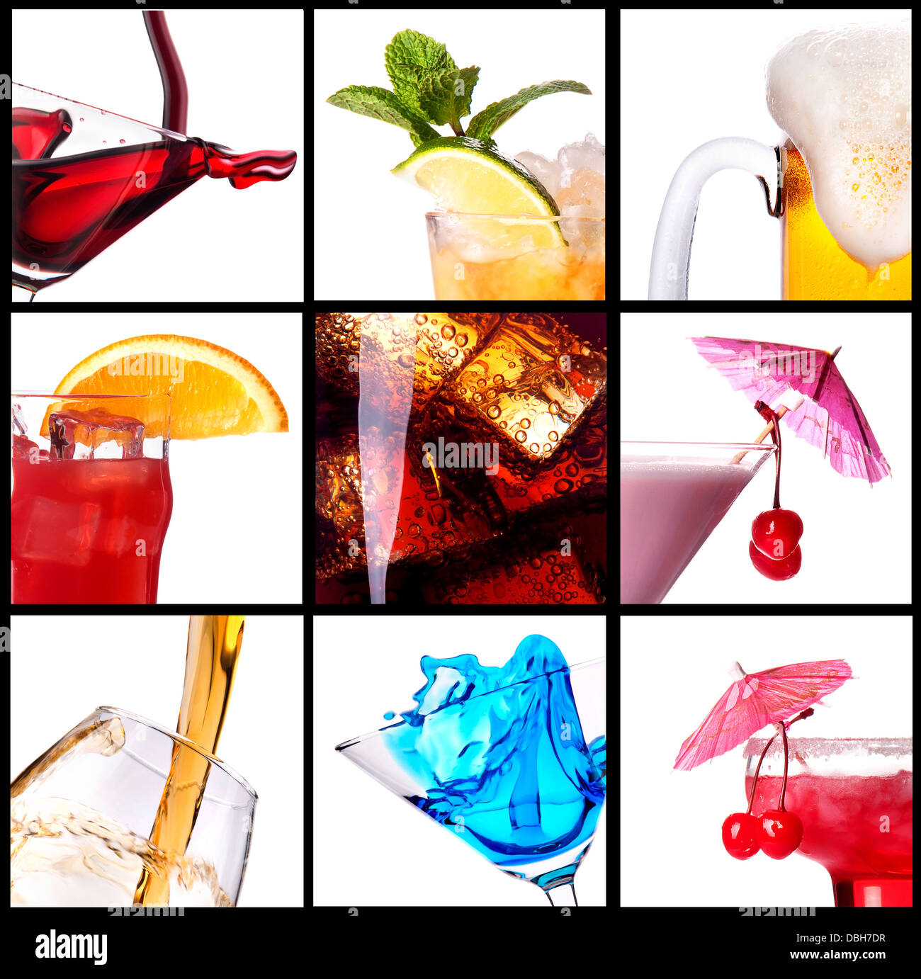 collage with alcohol cocktails - beer, martini, soda,cola,cocktail ...