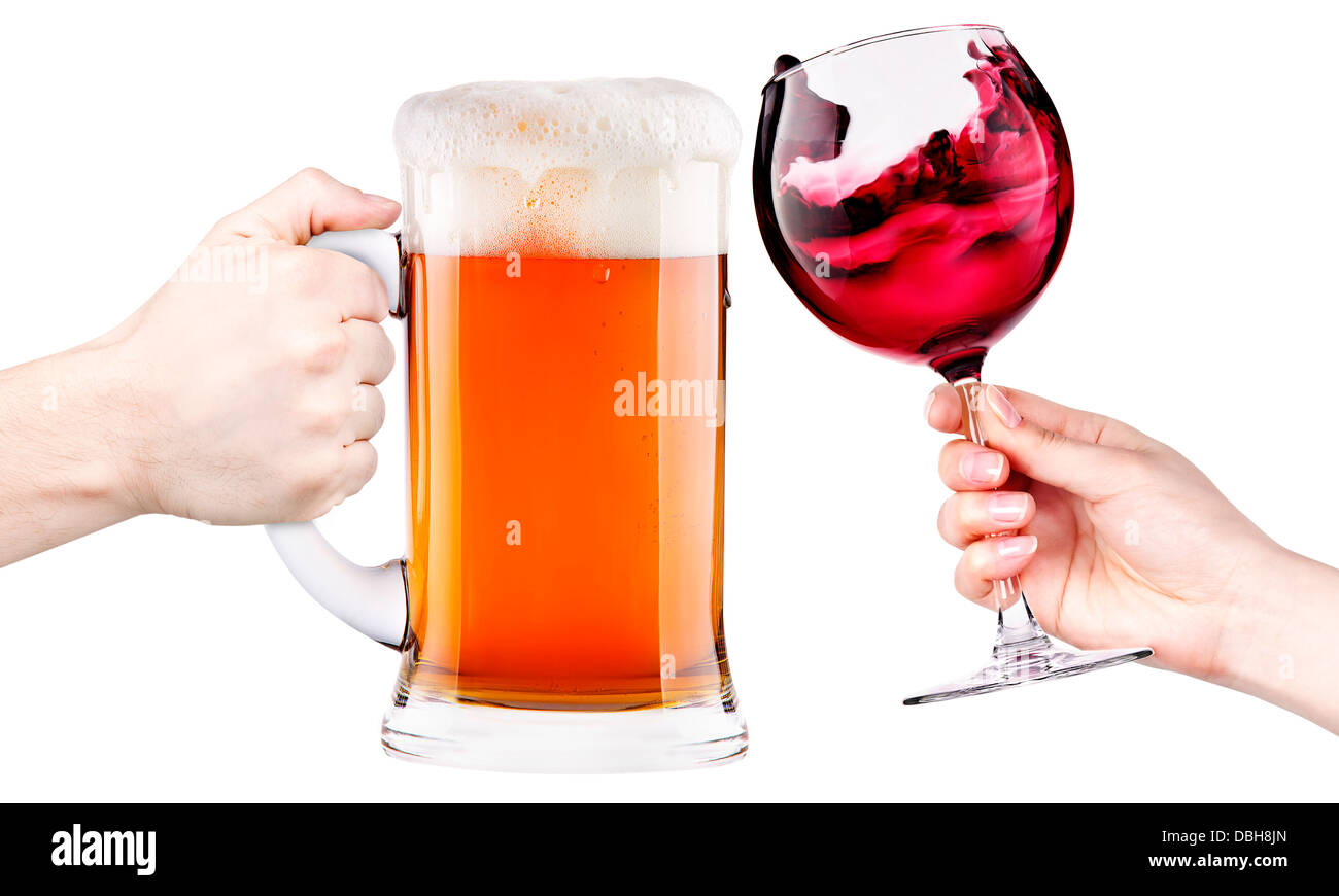 celebrate the holiday background - hands with wine and beer making ...