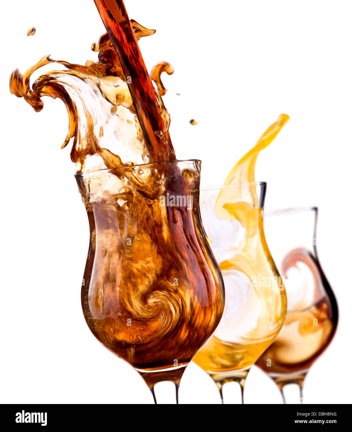 three glass of Fresh cola drink background with splash isolated on a ...