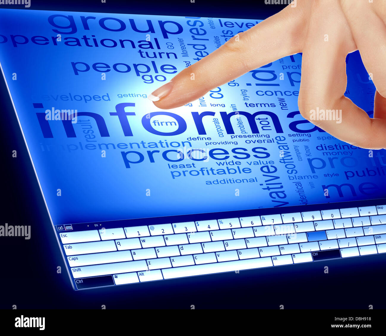 Finger touching a blue computer screen Stock Photo - Alamy