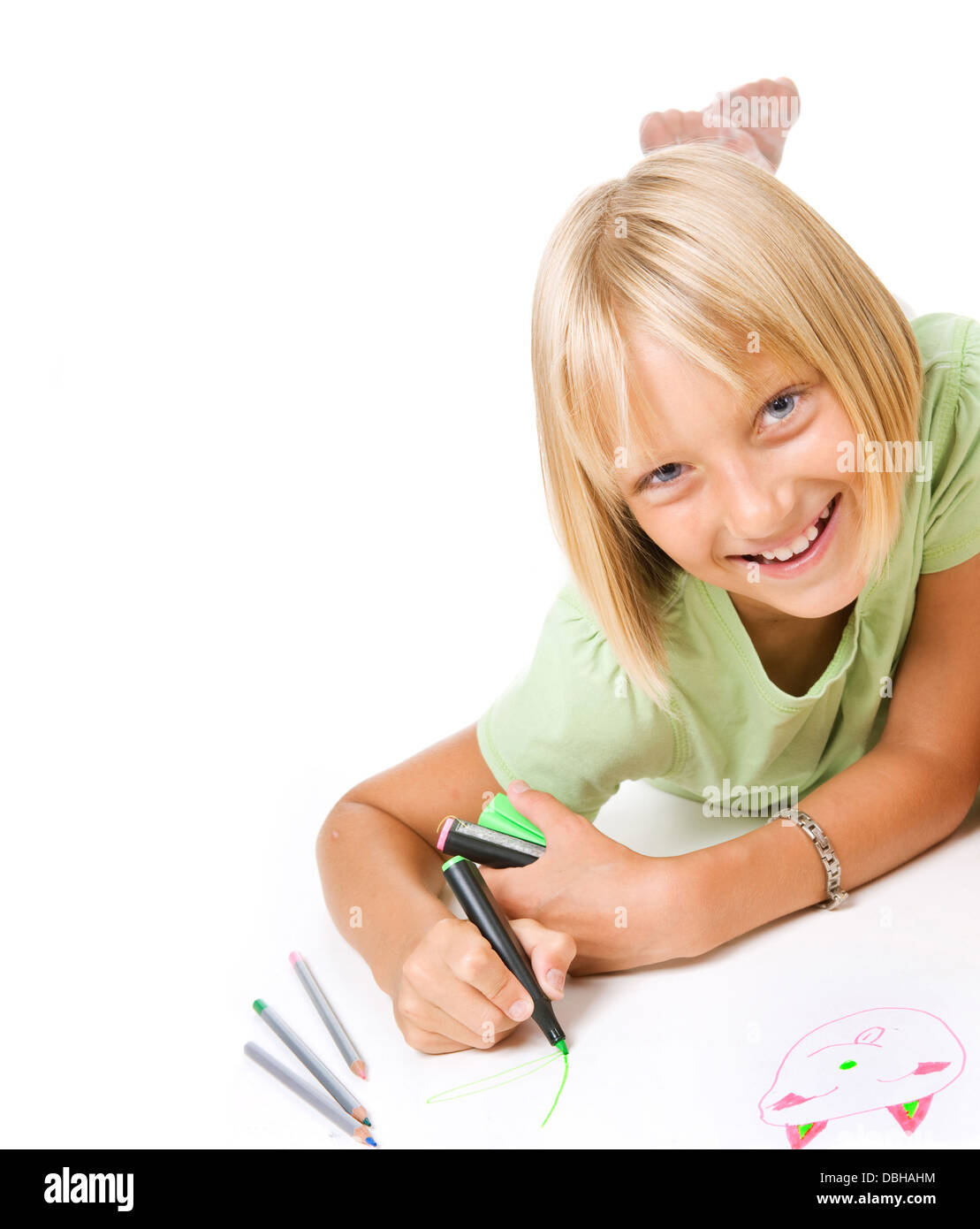 Happy Little Girl Drawing Stock Photo - Alamy