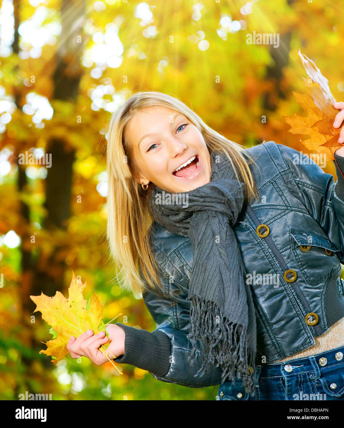 Beautiful Teenage Girl Having Fun in Autumn Park .Outdoor Stock Photo ...