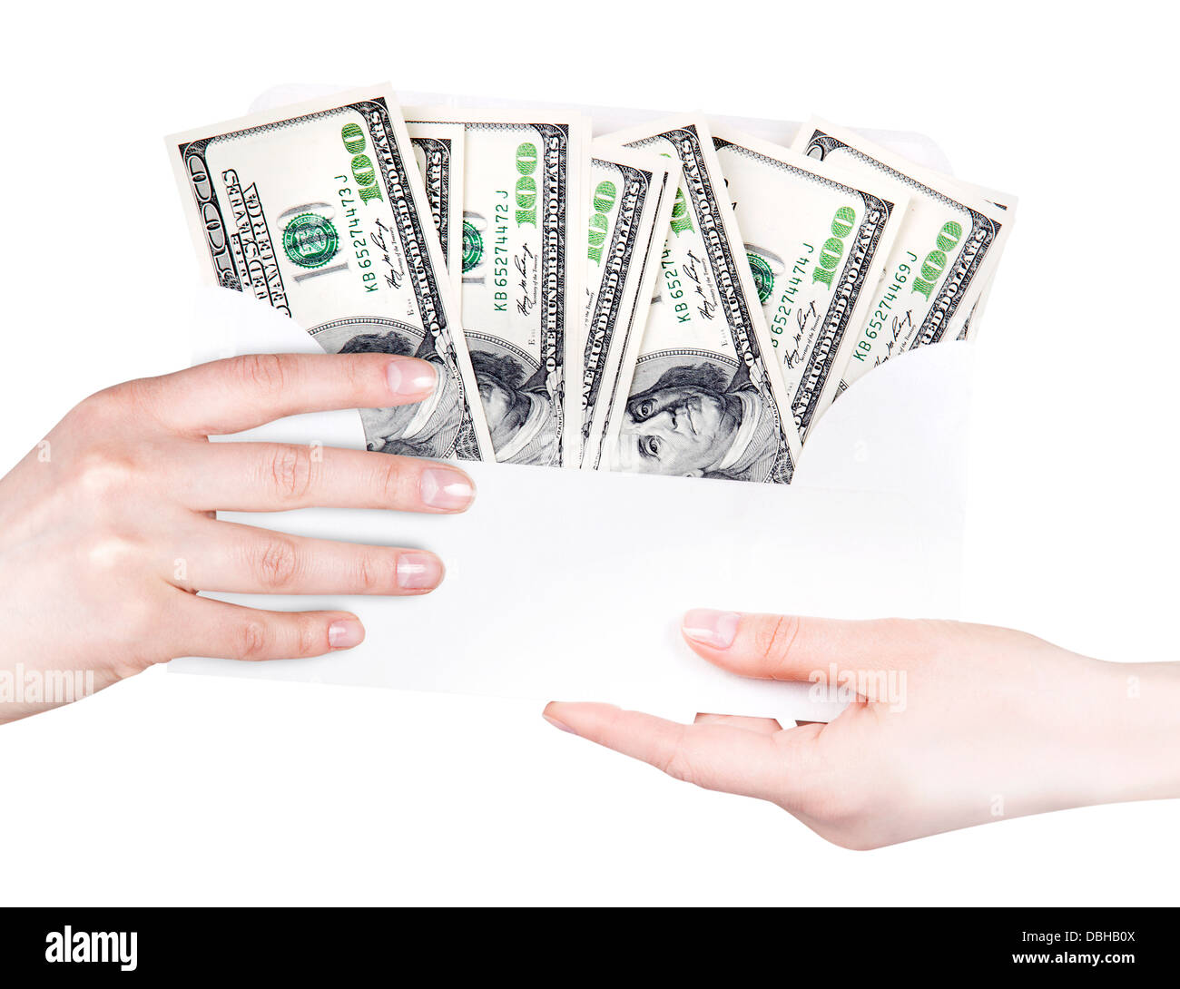 Hand and money in envelope isolated on white background Stock Photo - Alamy