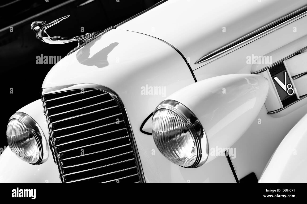 1936 Cadillac V8 front end detail. Classic American car. Monochrome ...