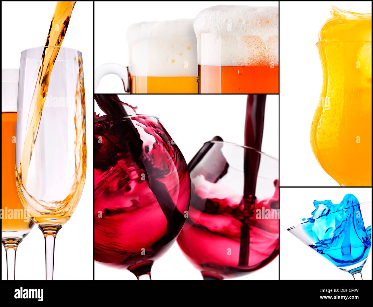 collage with alcohol cocktails - beer, martini, Curacao, soda ...