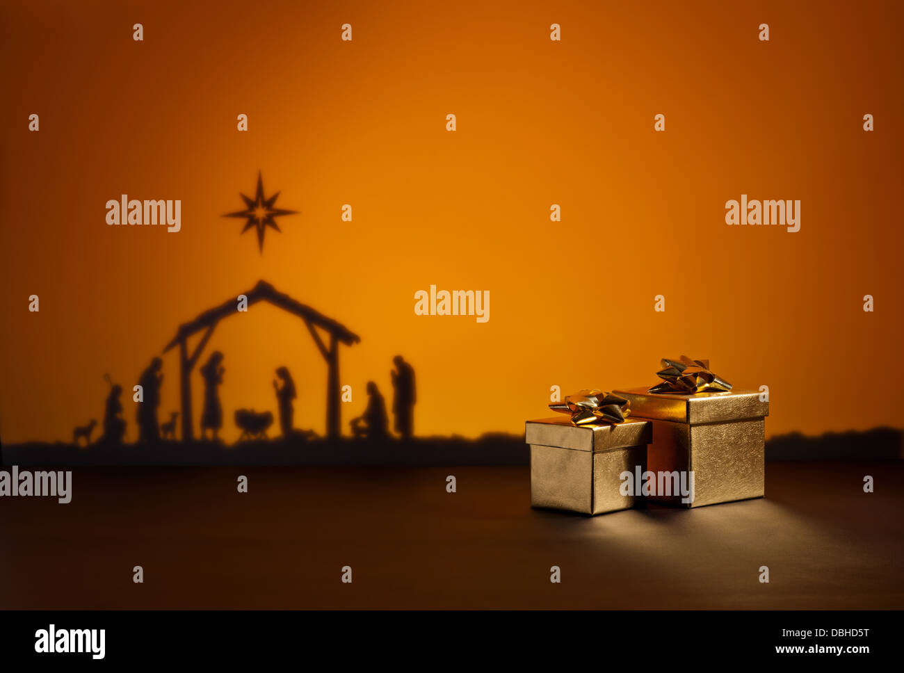 Birth Jesus silhouette of the crib in Bethlehem with present Stock ...