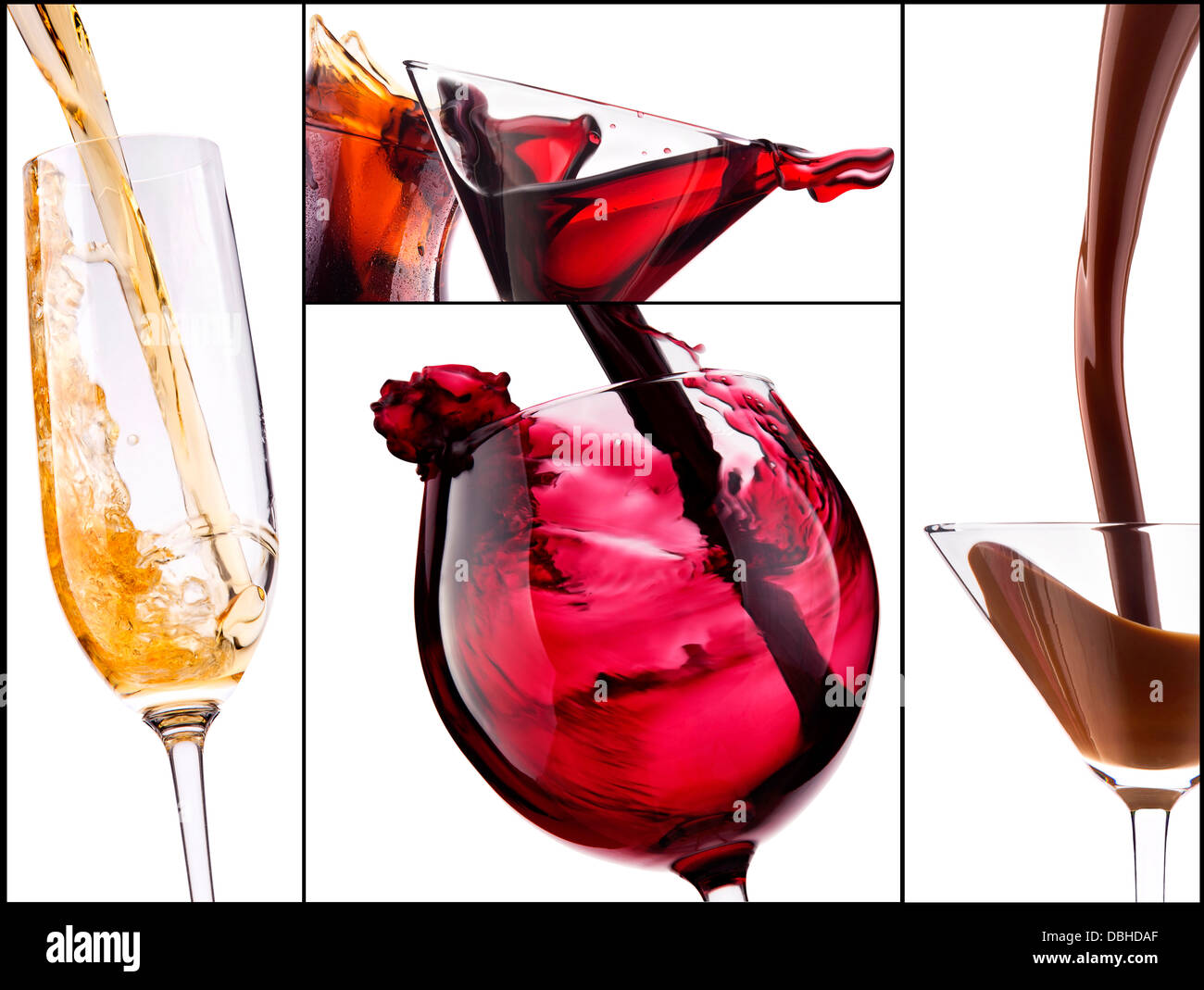 collage with alcohol cocktails - beer, martini, Curacao, soda ...