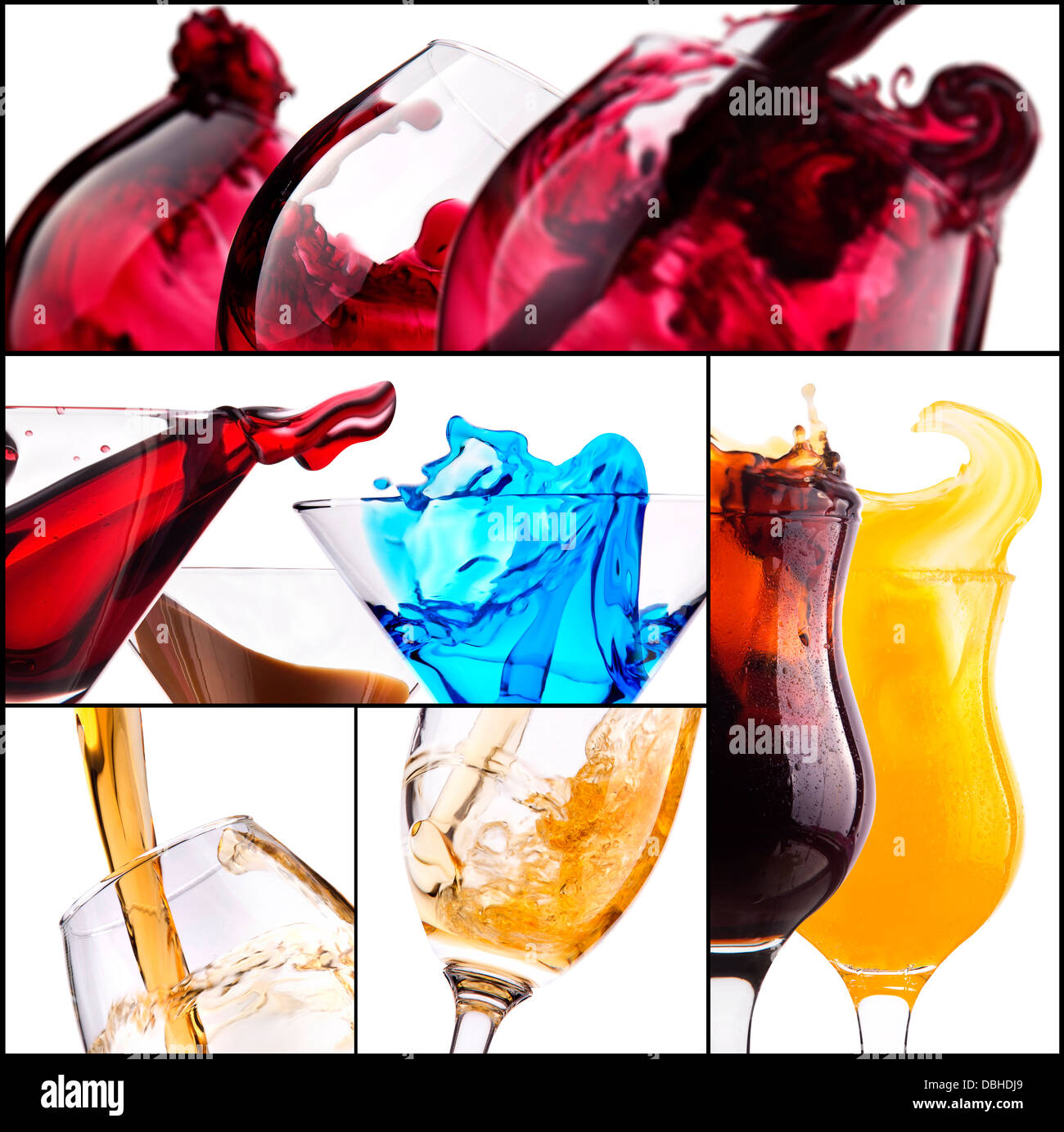 collage with alcohol cocktails - beer, martini, Curacao, soda ...