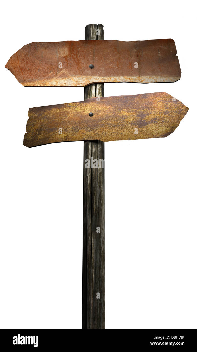 Blank old directional road metal sign post over piese of wood Stock ...