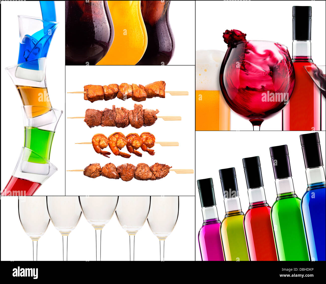 different meat dishes and alcohol drinks - beer,cocktail,cola,bbq,porky ...