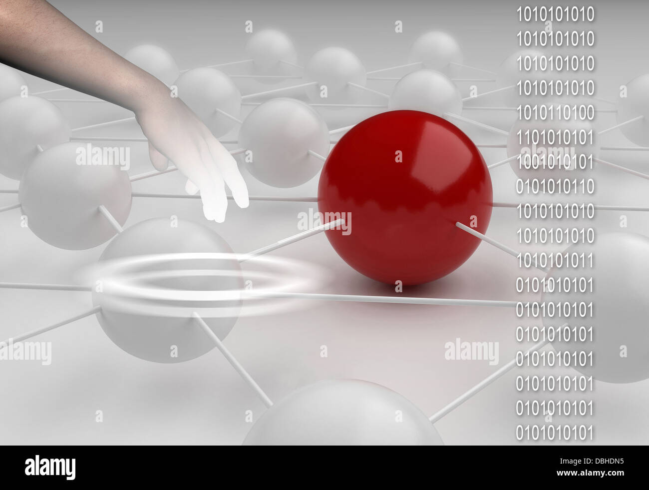 Binary code against hand with abstract background of red end white ball ...