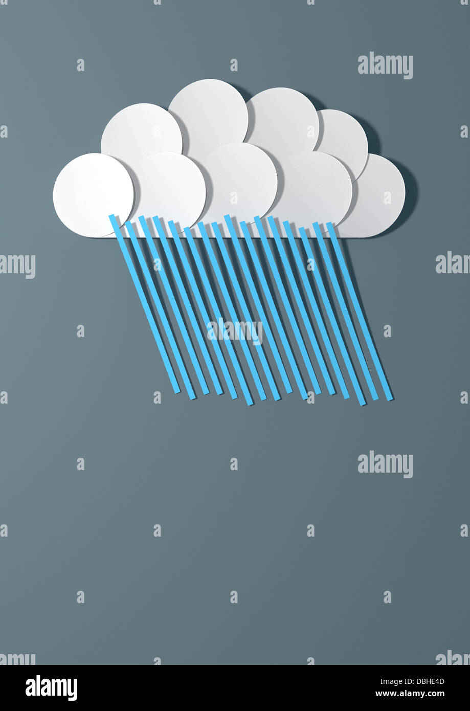 A handmade paper raincloud raining out blue lines of rain isolated on a ...