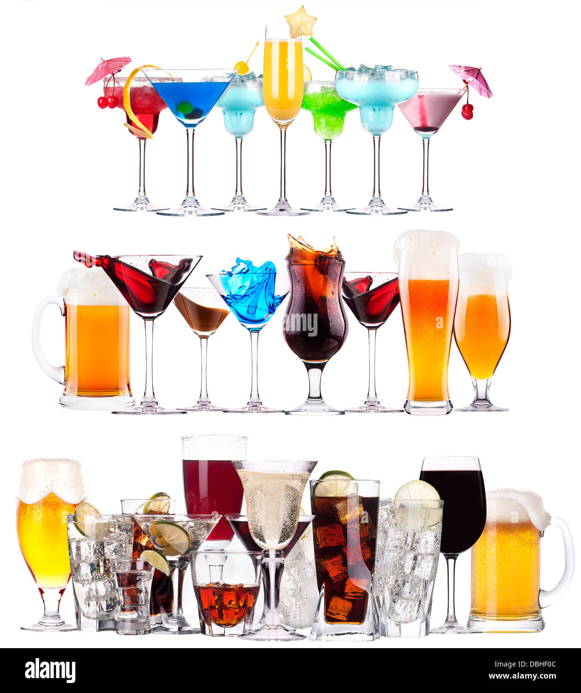 Set of different alcoholic drinks and cocktails - beer,martini,soda ...