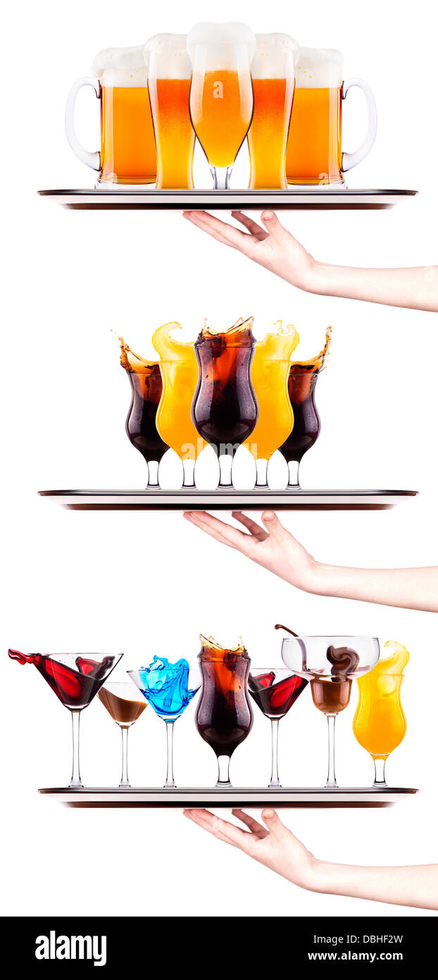 Set of different alcoholic drinks and cocktails - beer, martini, soda ...