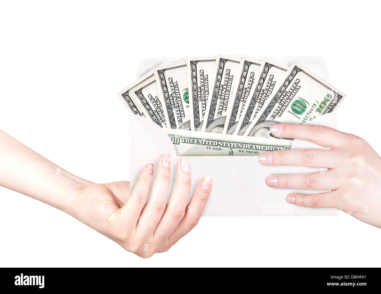 Hand and money in envelope isolated on white background Stock Photo - Alamy