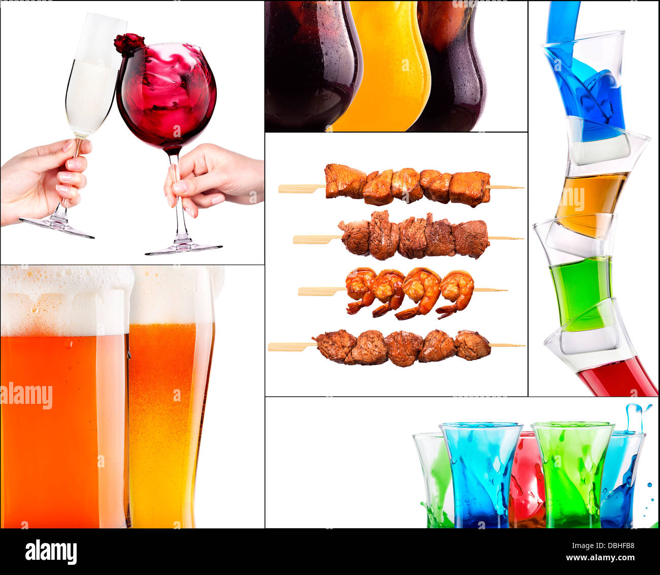 different meat dishes and alcohol drinks - beer,cocktail,cola,bbq,porky ...