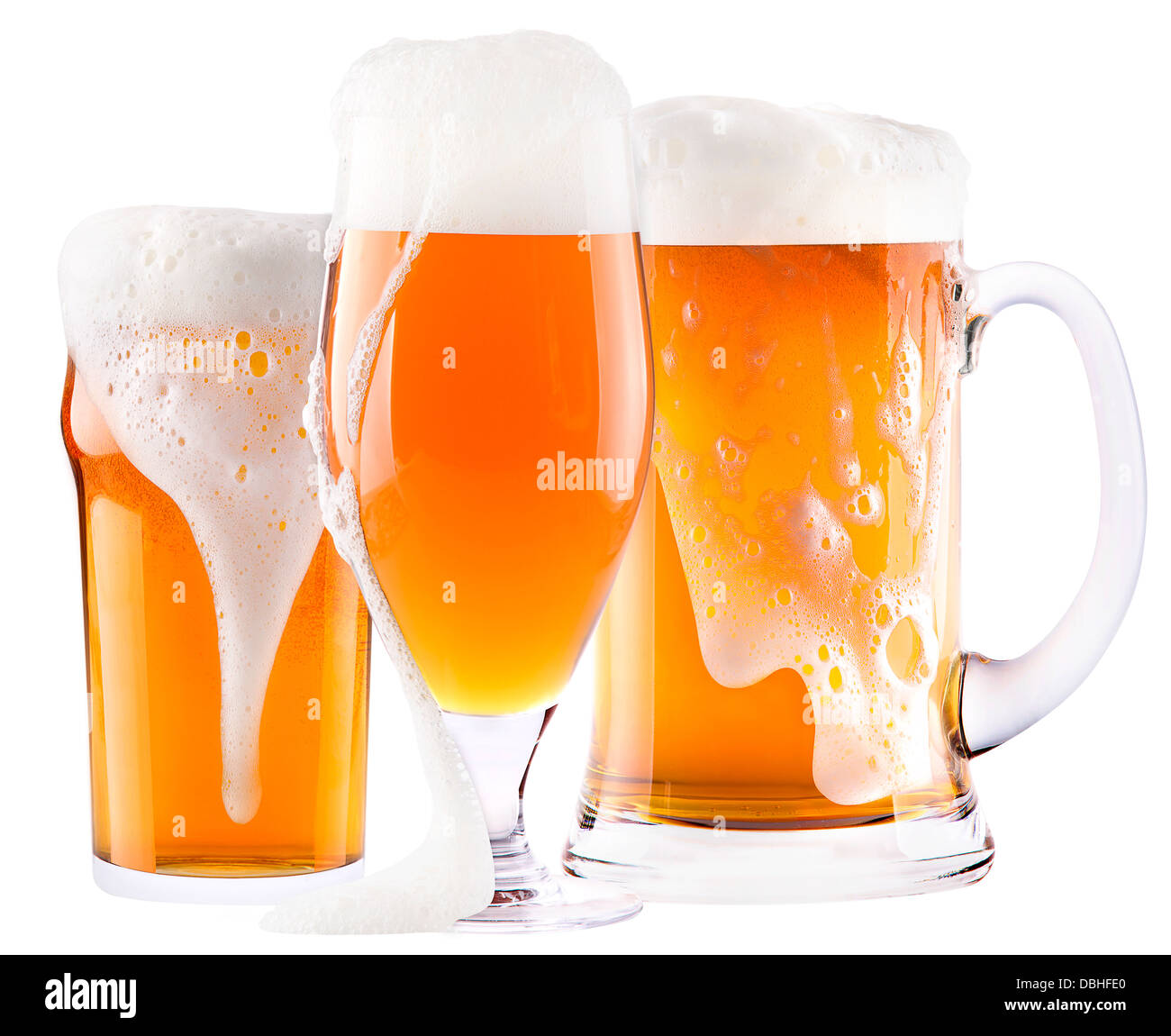 Frosty fresh beer collection with foam isolated background Stock Photo ...
