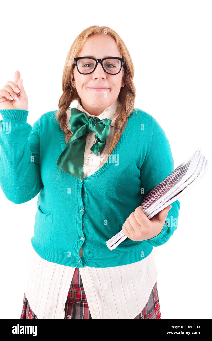 Silly nerd schoolgirl, posing over a white background Stock Photo - Alamy