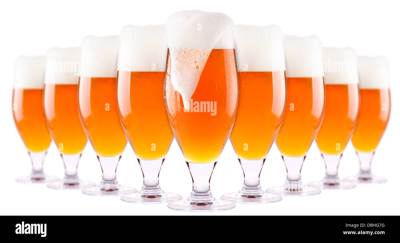 Frosty fresh beer collection with foam isolated background Stock Photo ...