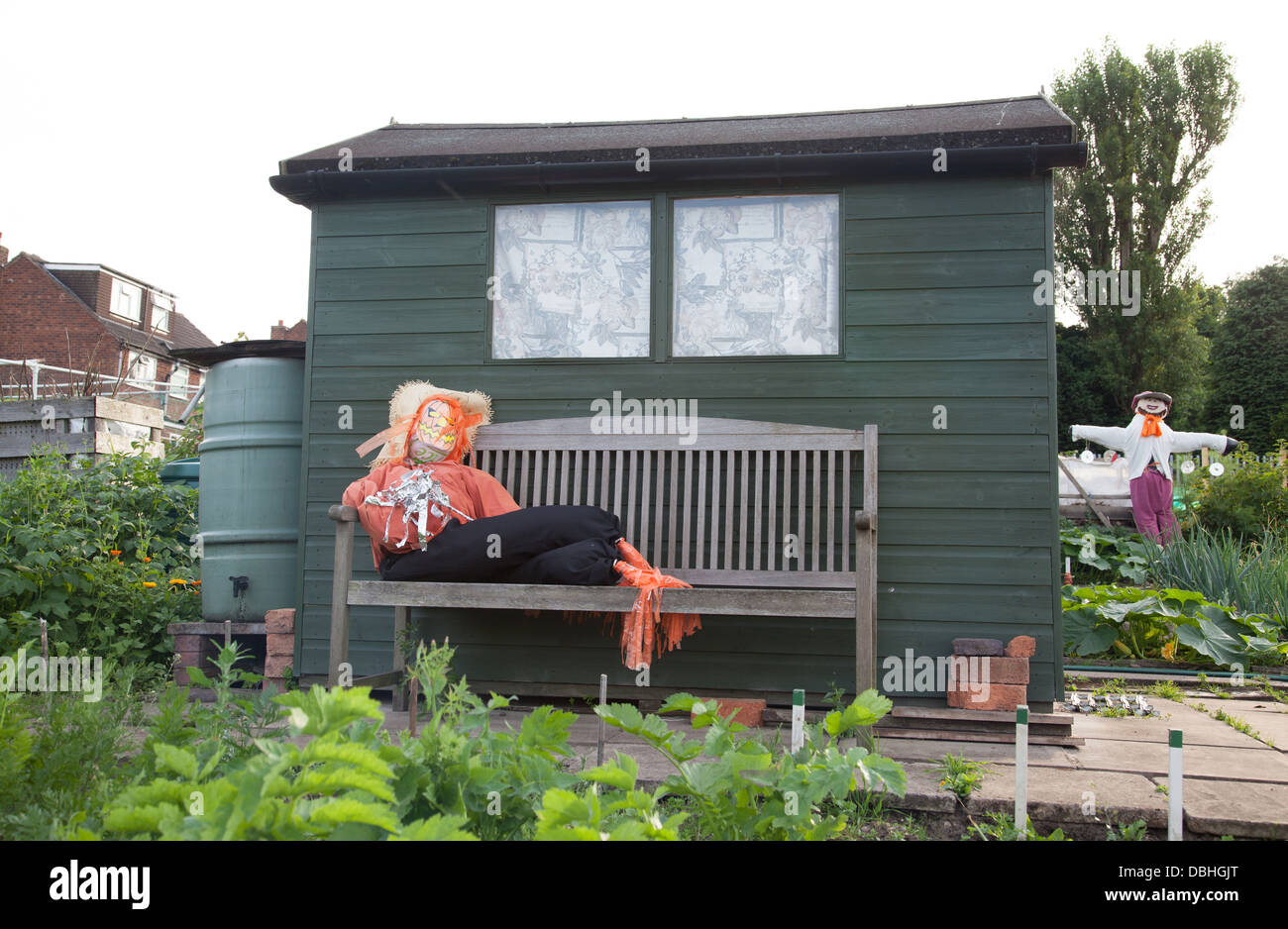Scarecrow on garden bench beside allotment shed Stock Photo - Alamy