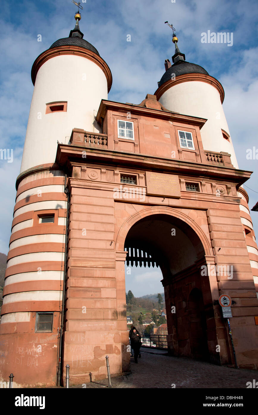 Germany, Heidelberg. Twin-towered Bruckentor to the Karl-Theodor Bridge ...
