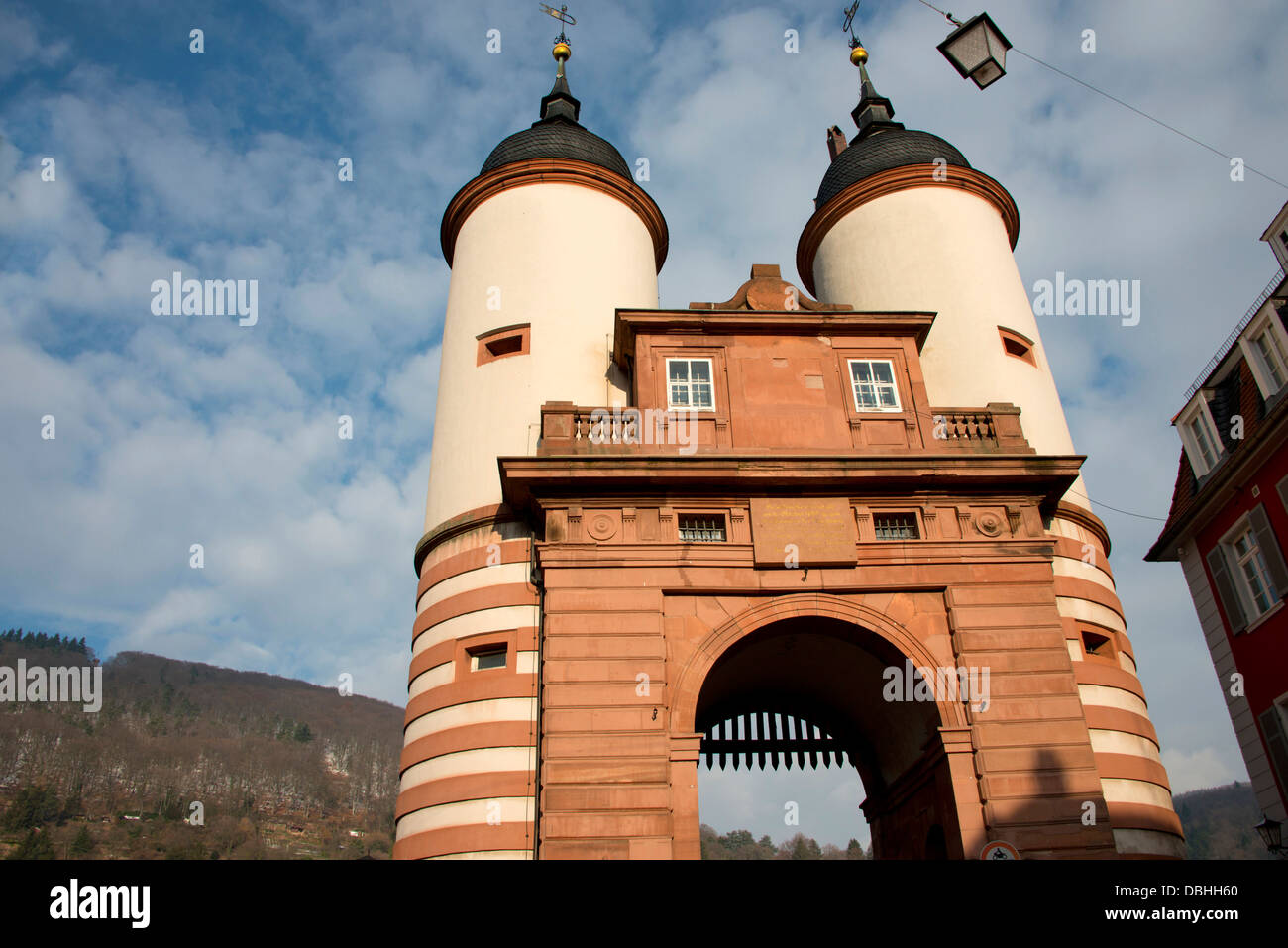 Germany, Heidelberg. Twin-towered Bruckentor to the Karl-Theodor Bridge ...