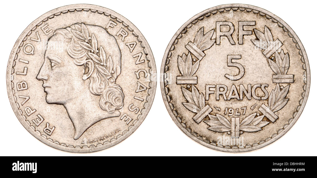 French 5 Franc coin from 1947 (aluminium Stock Photo - Alamy