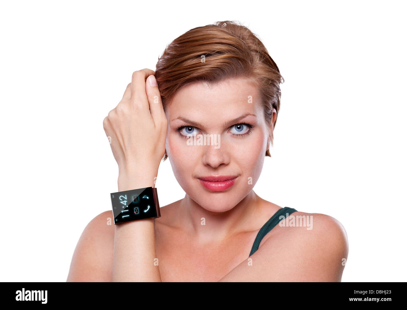 Girl with a modern Internet Smart Watch. All Interfaces of the watch ...