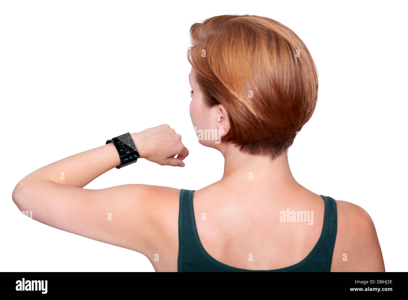 Girl with a modern Internet Smart Watch. All Interfaces of the watch ...