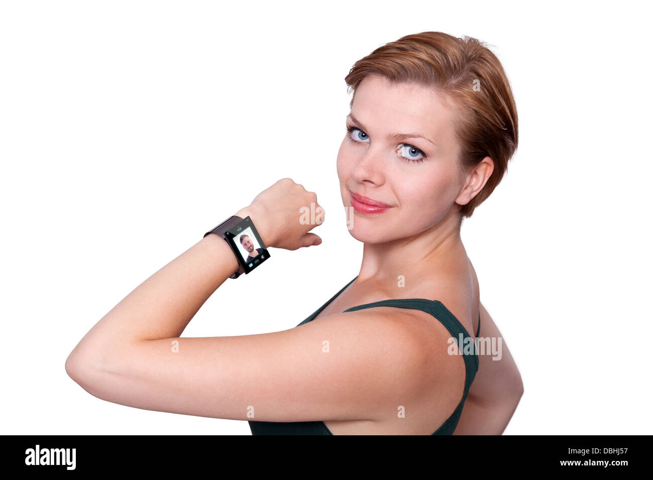 Girl with a modern Internet Smart Watch isolated on white. On the ...