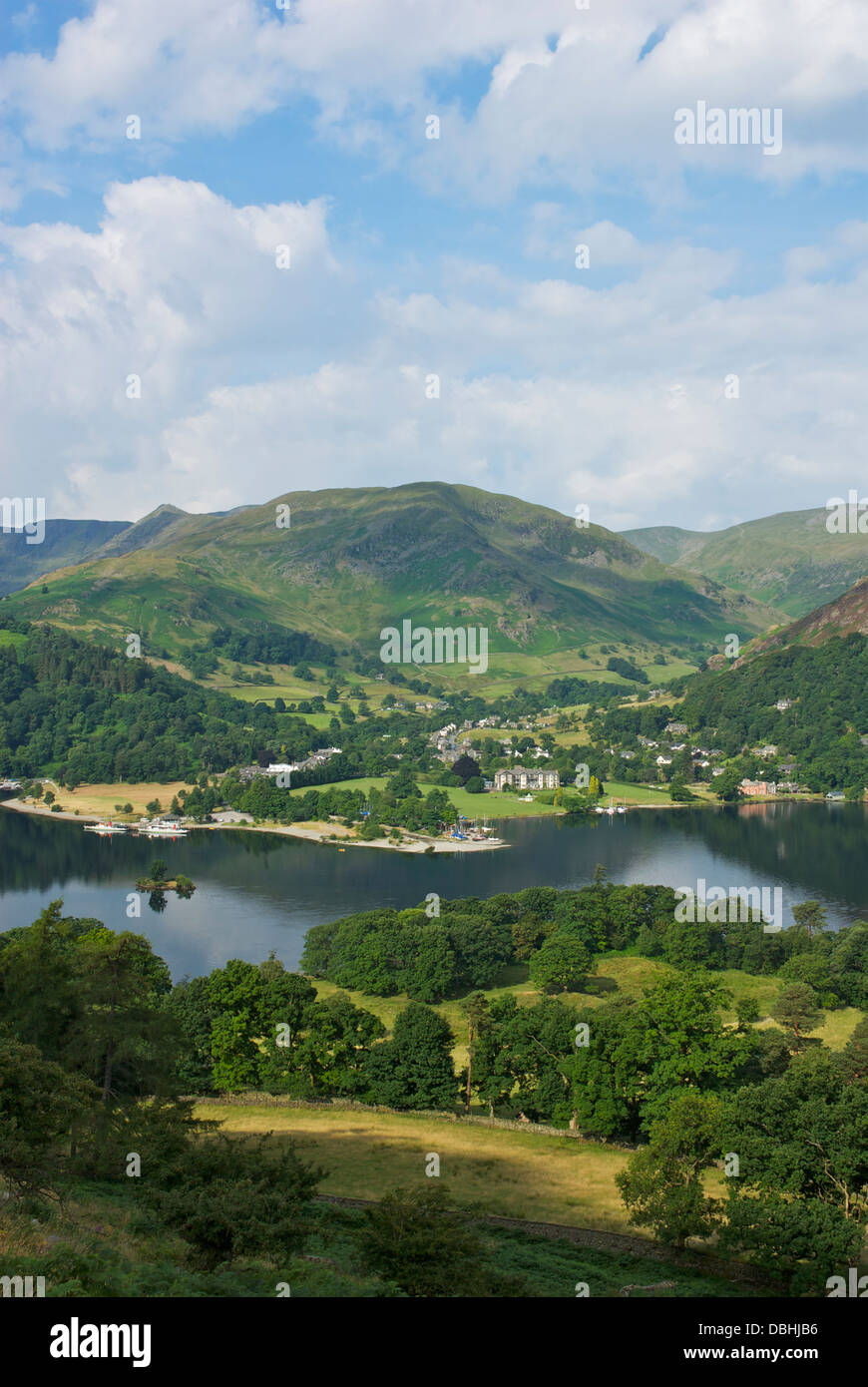 The village of Glenridding, on the shore of Ullswater, Lake District ...