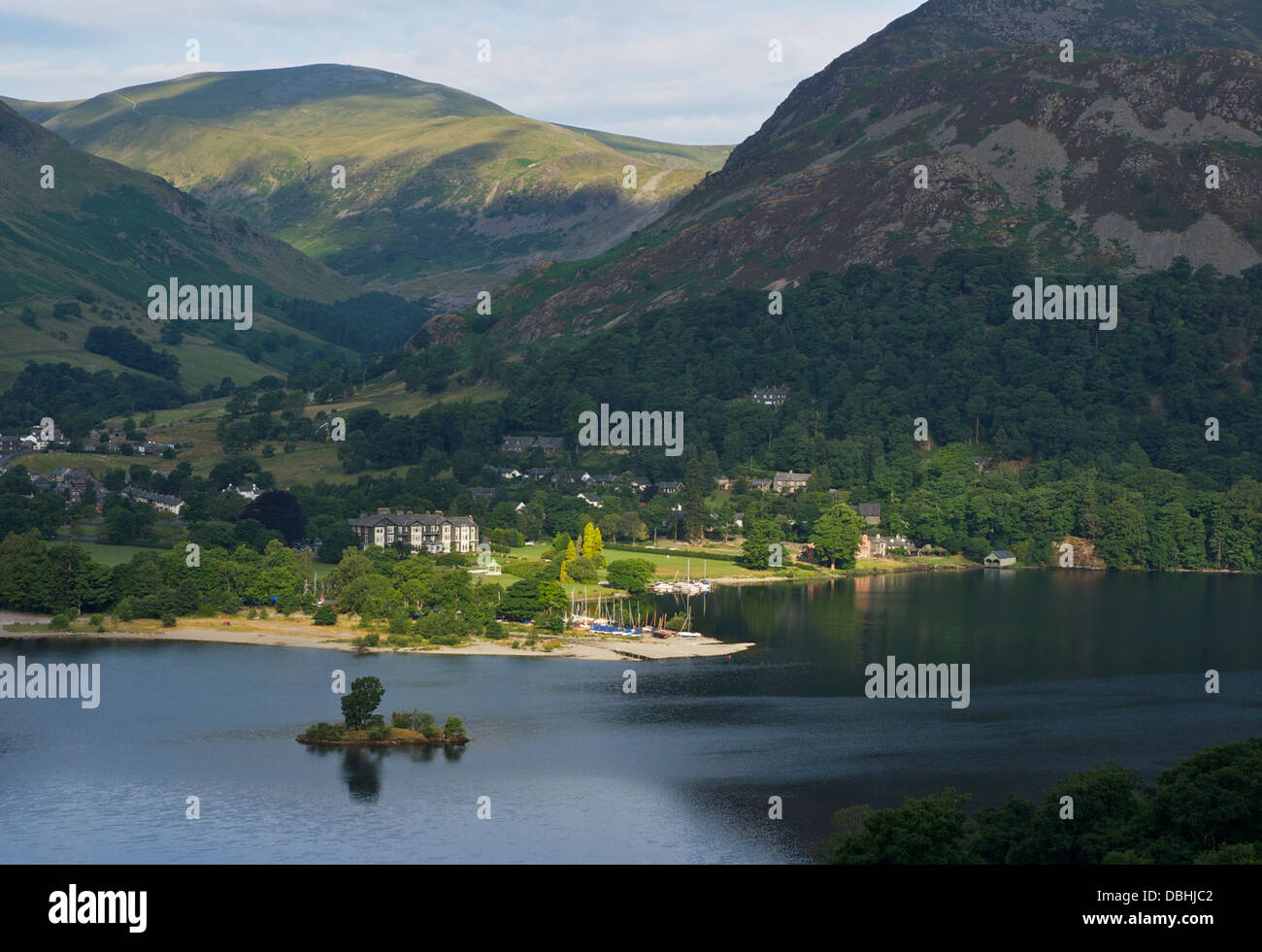 The village of Glenridding, on the shore of Ullswater, Lake District ...