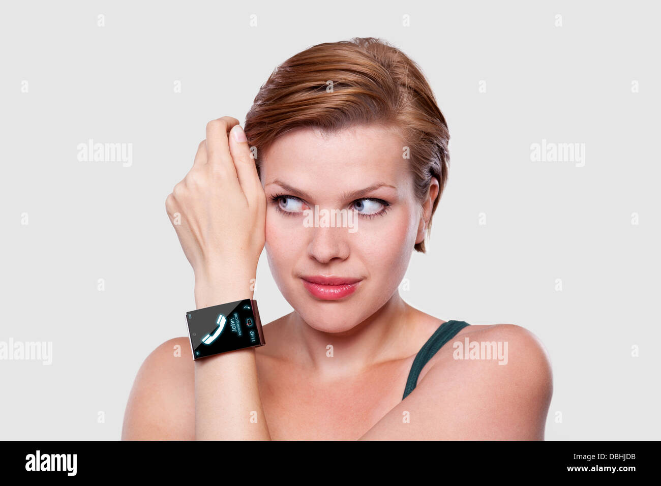 Girl with a modern Internet Smart Watch. All Interfaces of the watch ...