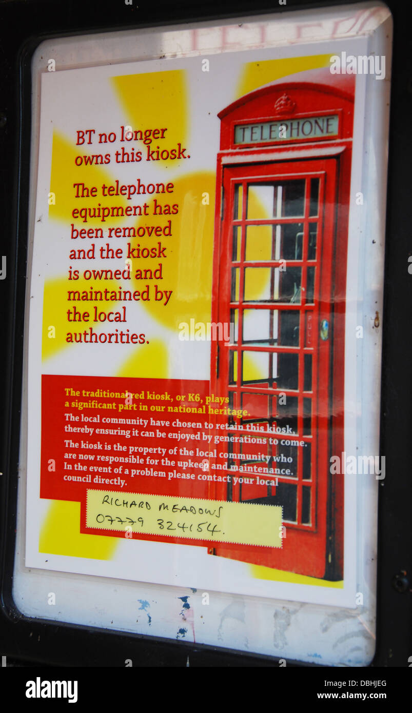 sign inside classic red phone box near Burford, Gloucestershire UK ...