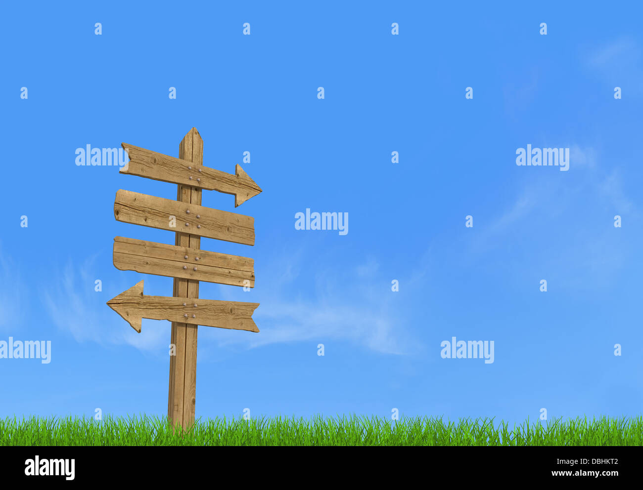 Old wooden empty sign post on sky background - rendering Stock Photo ...
