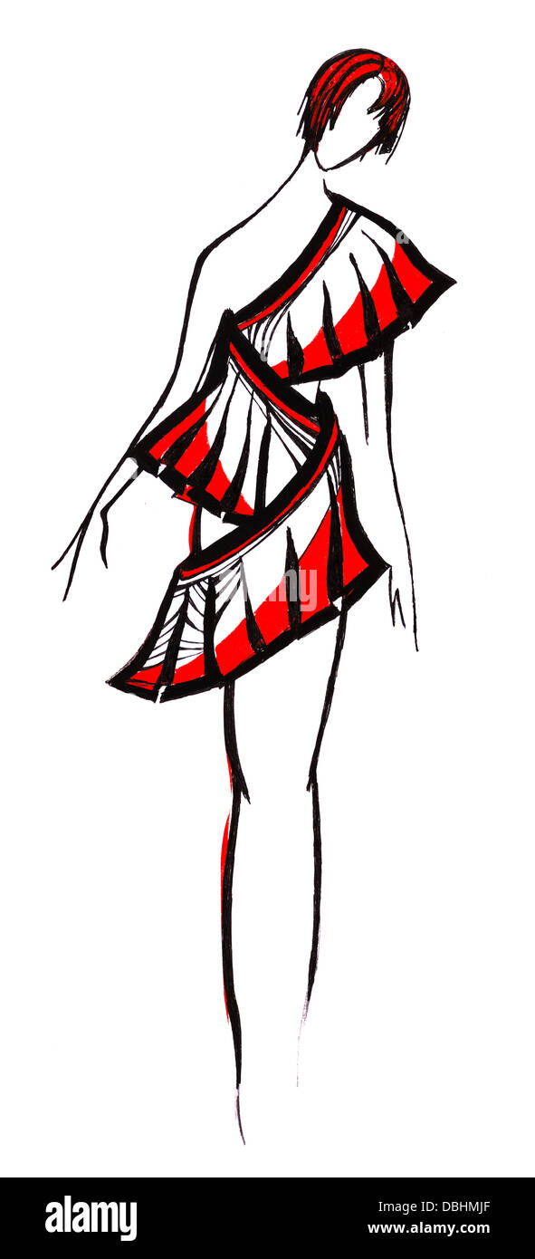 sketch of fashion model - development of short dress from wide stripe ...
