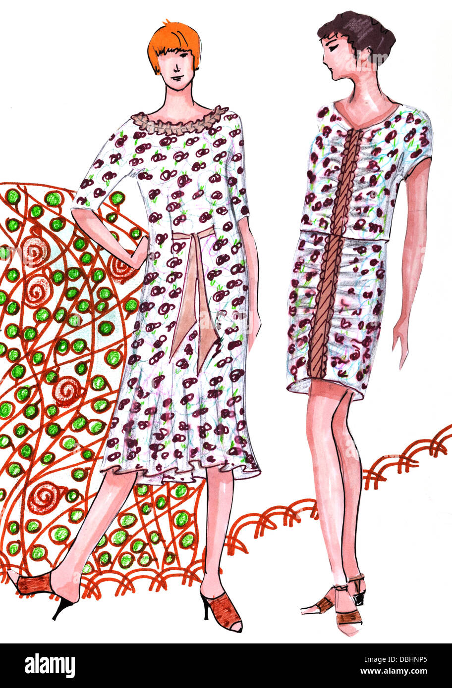 model of woman clothing - summer elegant midi dress with floral motifs ...