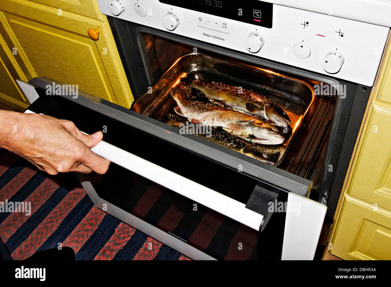 Fish being placed into a oven for baking Stock Photo - Alamy
