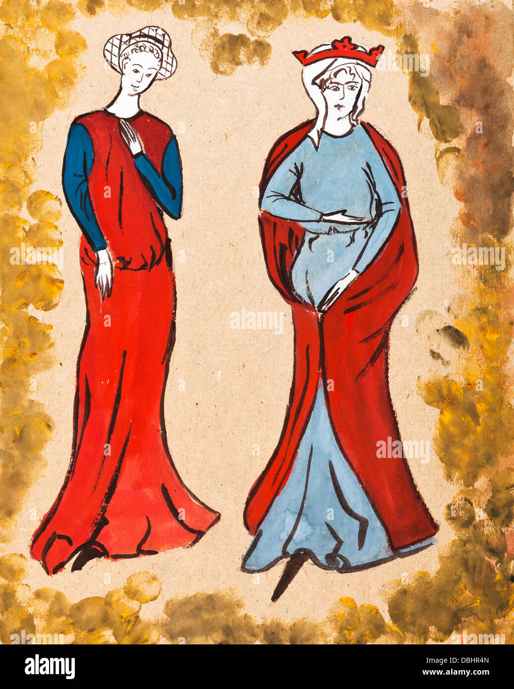 historical costume - French women dressed in the fashion of the 14th ...