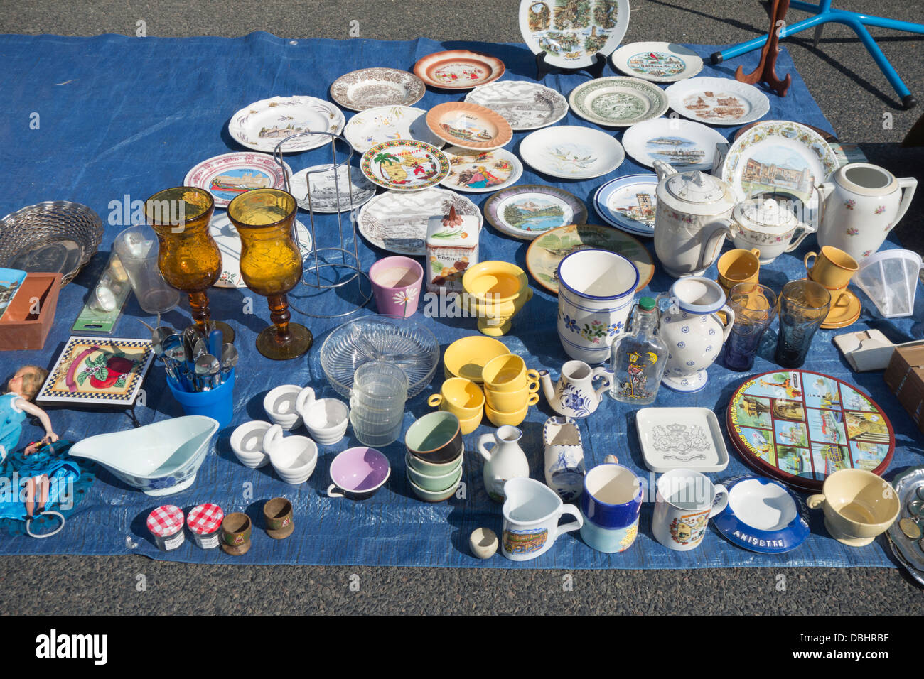 Random collection of pottery for sale at a French brocante street ...