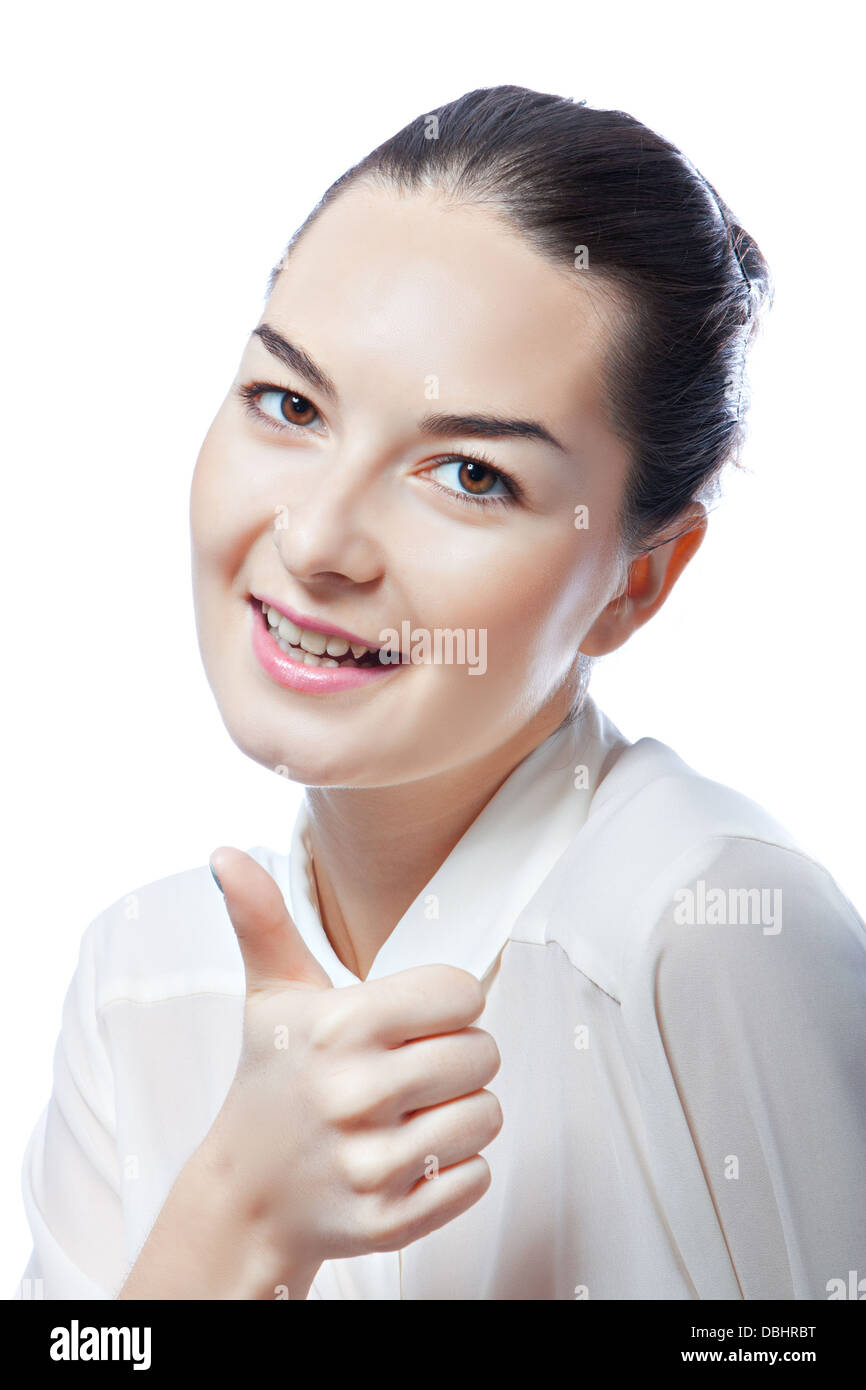 happy woman shows her finger up Stock Photo - Alamy