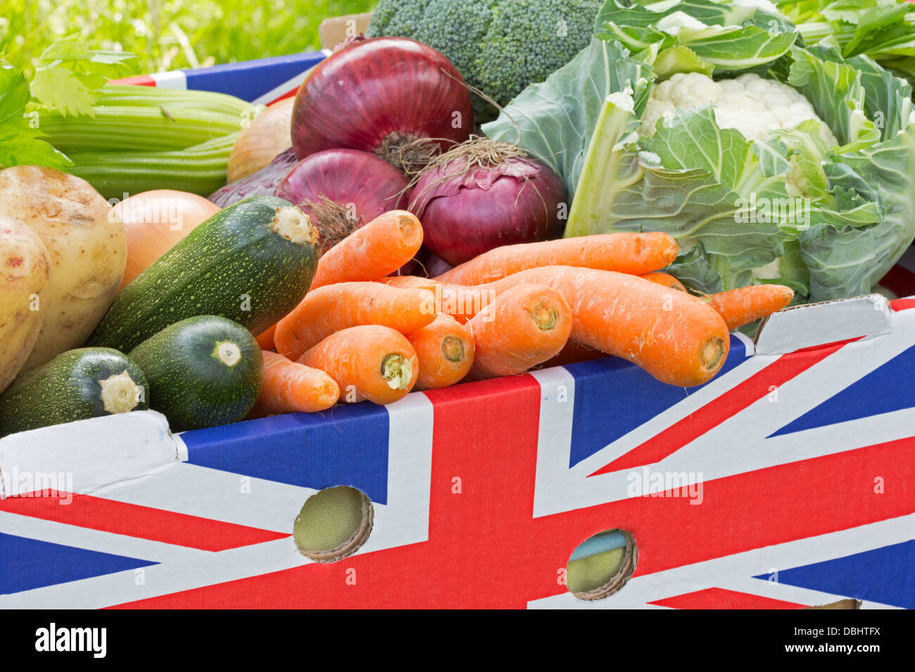 British grown vegetables in Union Jack logo box, England, UK Stock ...