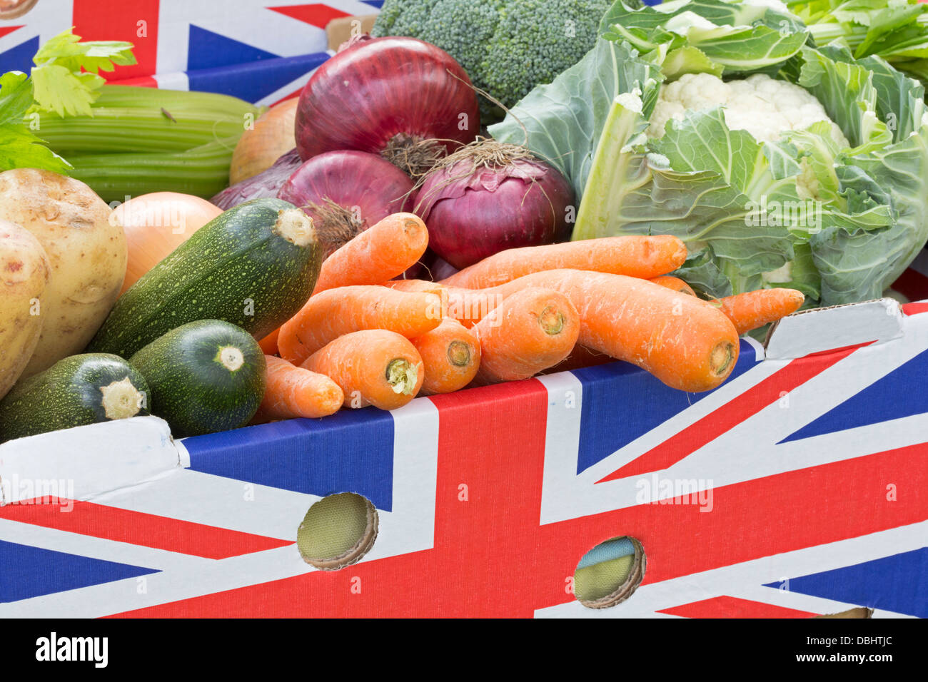 British grown vegetables in Union Jack logo box, England, UK Stock ...
