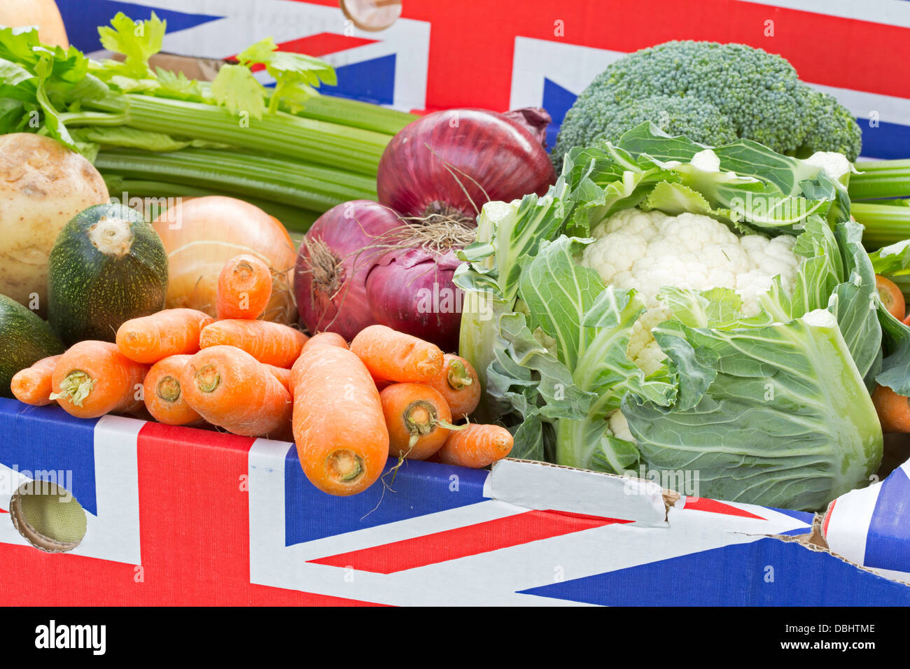 British grown vegetables in Union Jack logo box, England, UK Stock ...