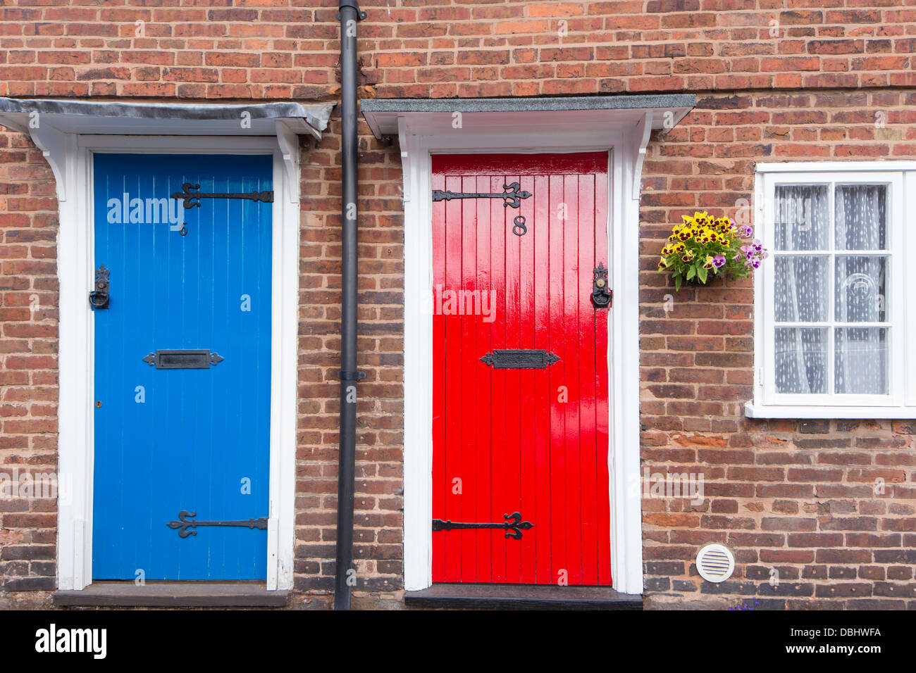 Red and Blue terraced cottage front doors, Bewdley, Worcestershire ...