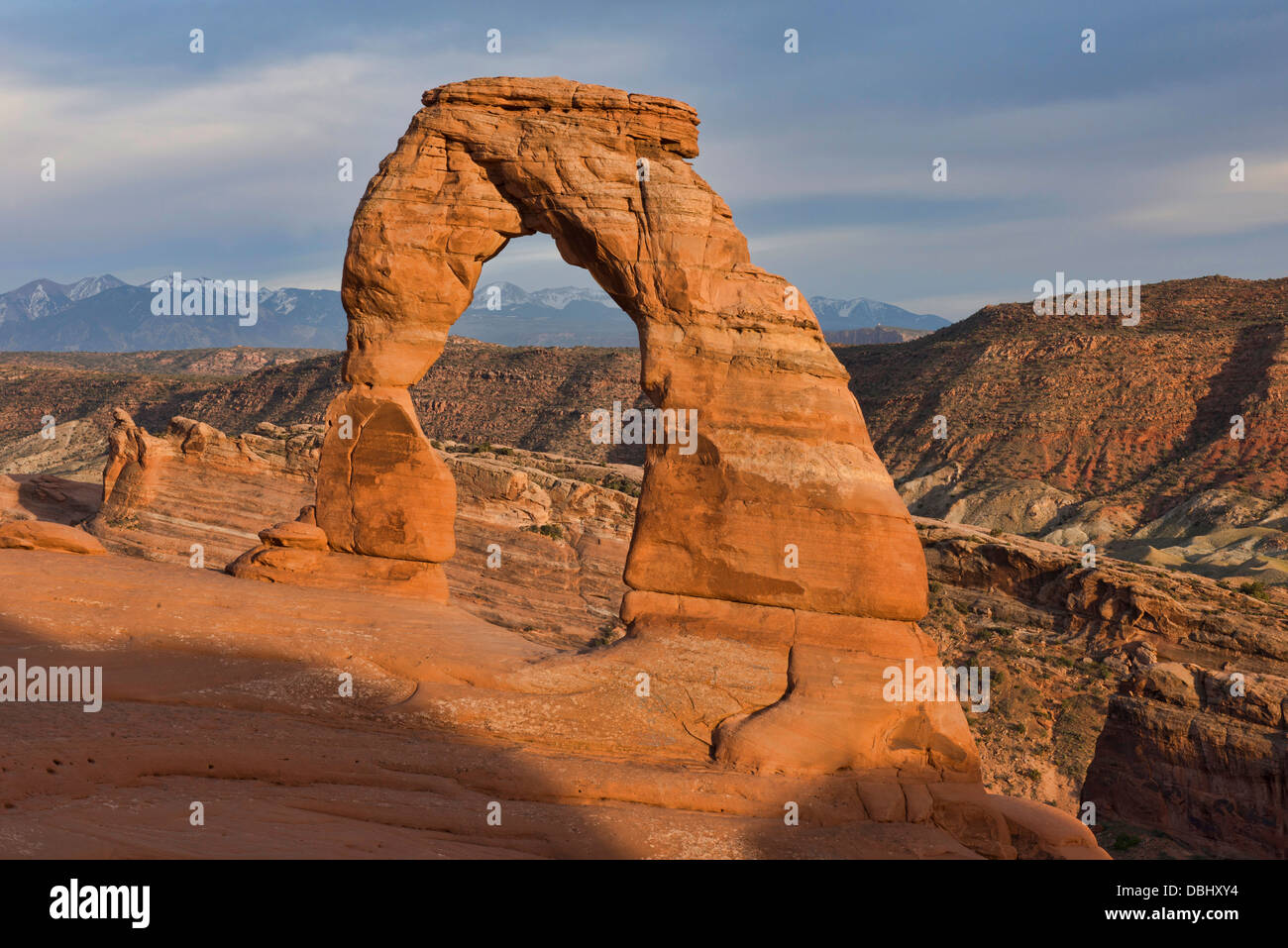 View of Delicate Arch at sunset, Arches National Park, Utah Stock Photo ...