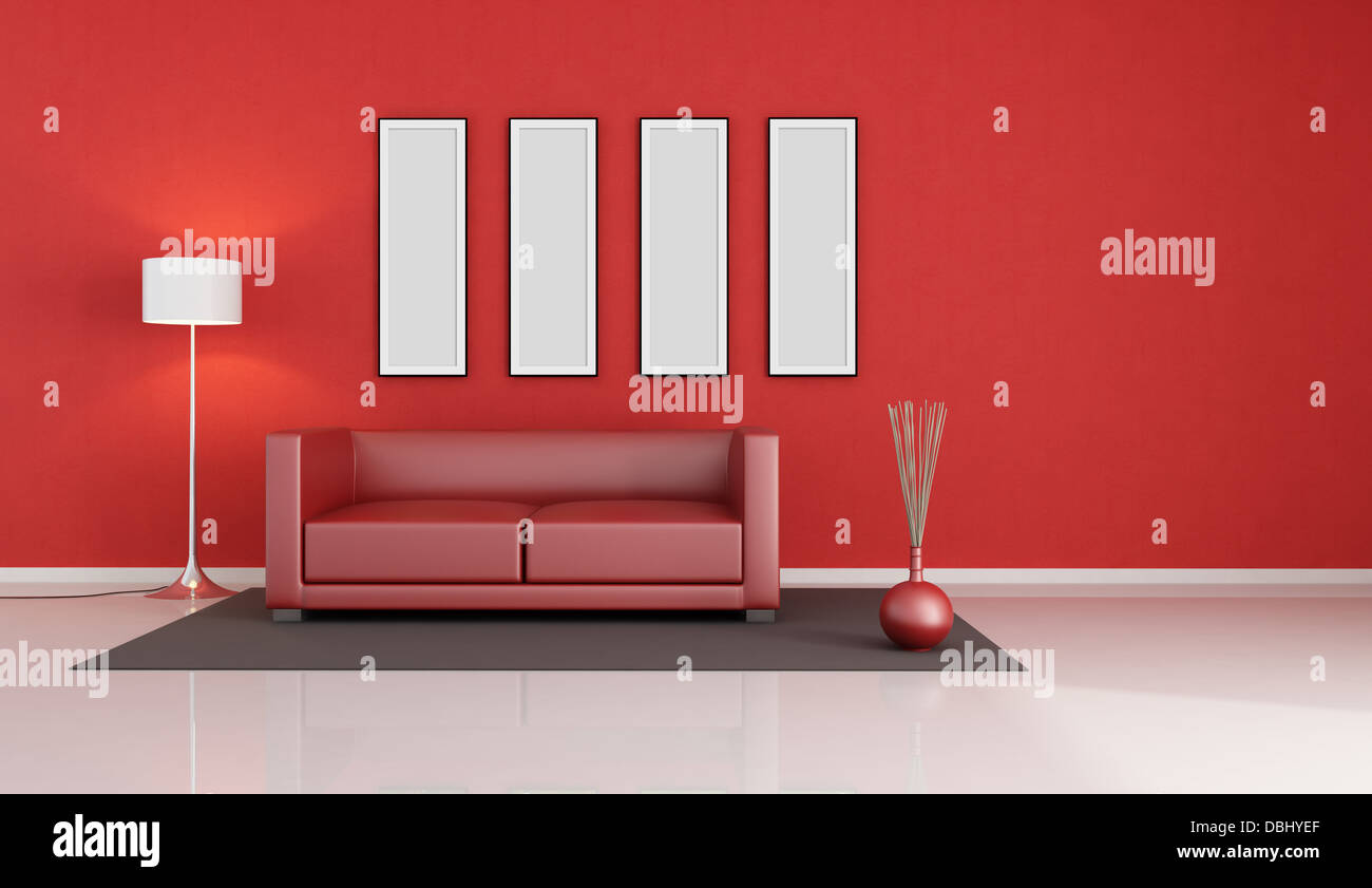 red modern living room with empty picture frame - rendering Stock Photo ...