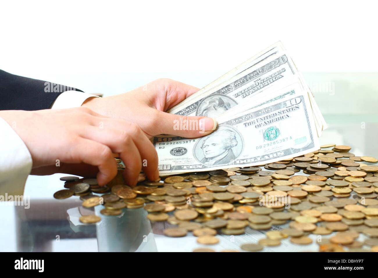 hands counting dollar money on white background Stock Photo - Alamy