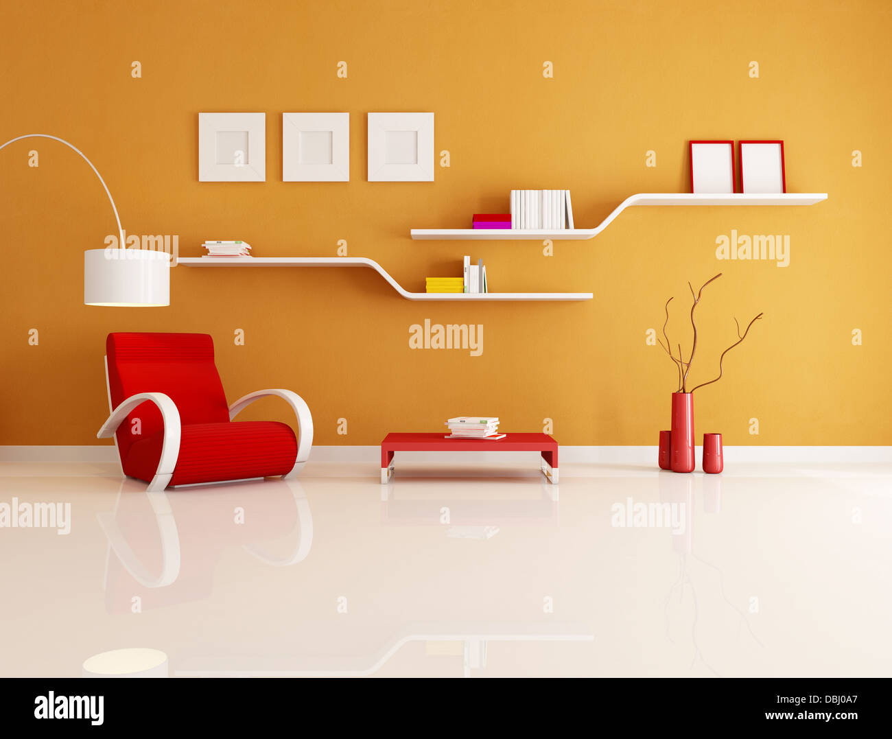 contemporary orange and red reading room - rendering Stock Photo - Alamy